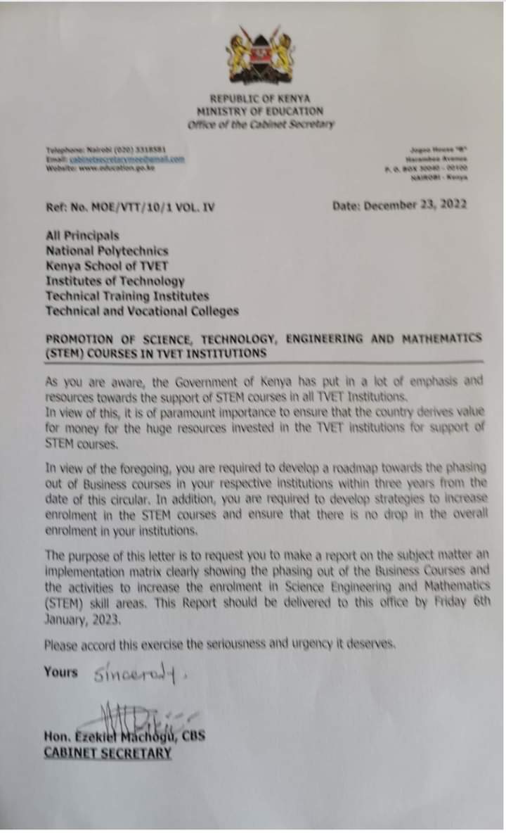 GOVERNMENT ORDERS TVET INSTITUTIONS TO GRADUALLY END BUSINESS COURSES ...