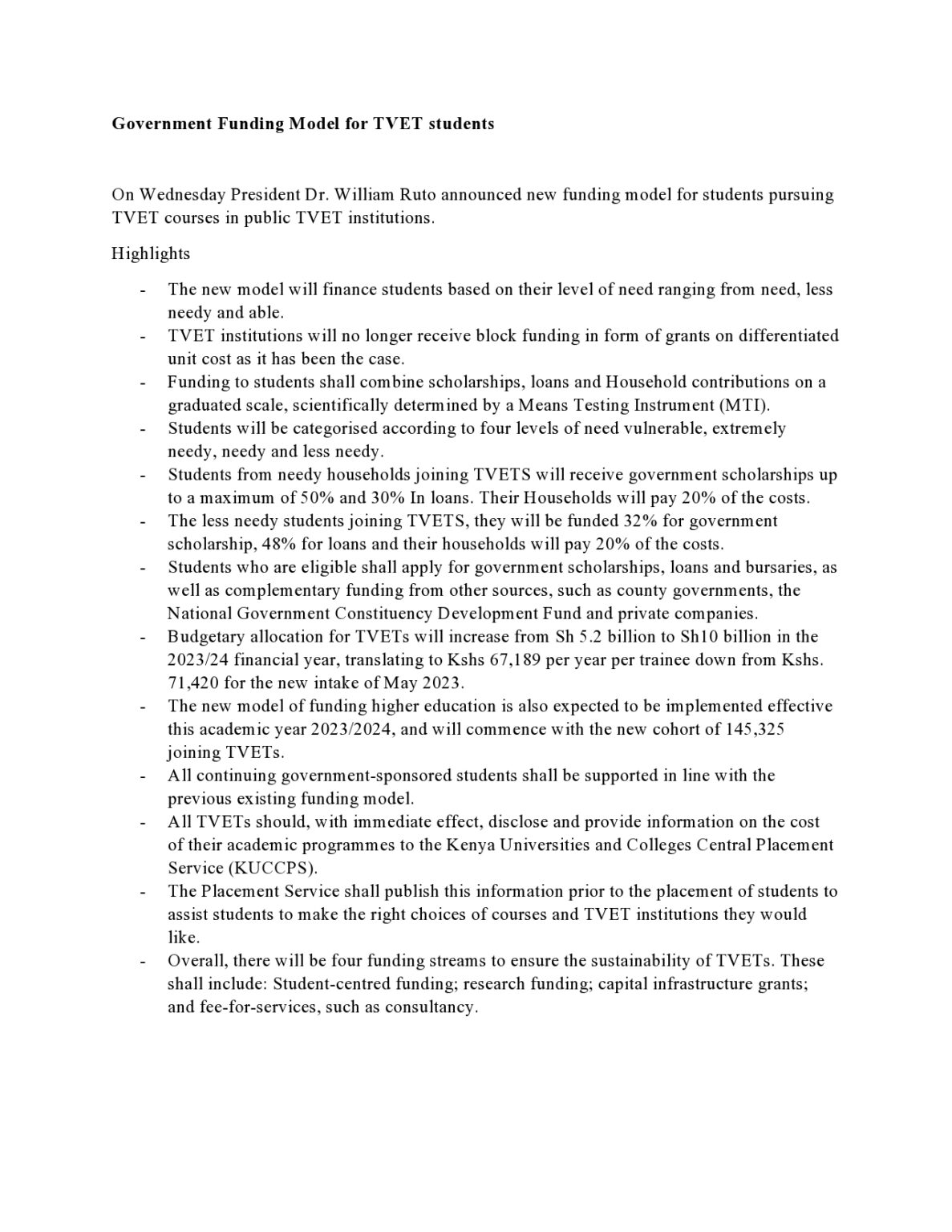 RUTO LAUNCHES NEW FUNDING MODEL FOR TVETS AND UNIVERSITIES – easytvet.co.ke