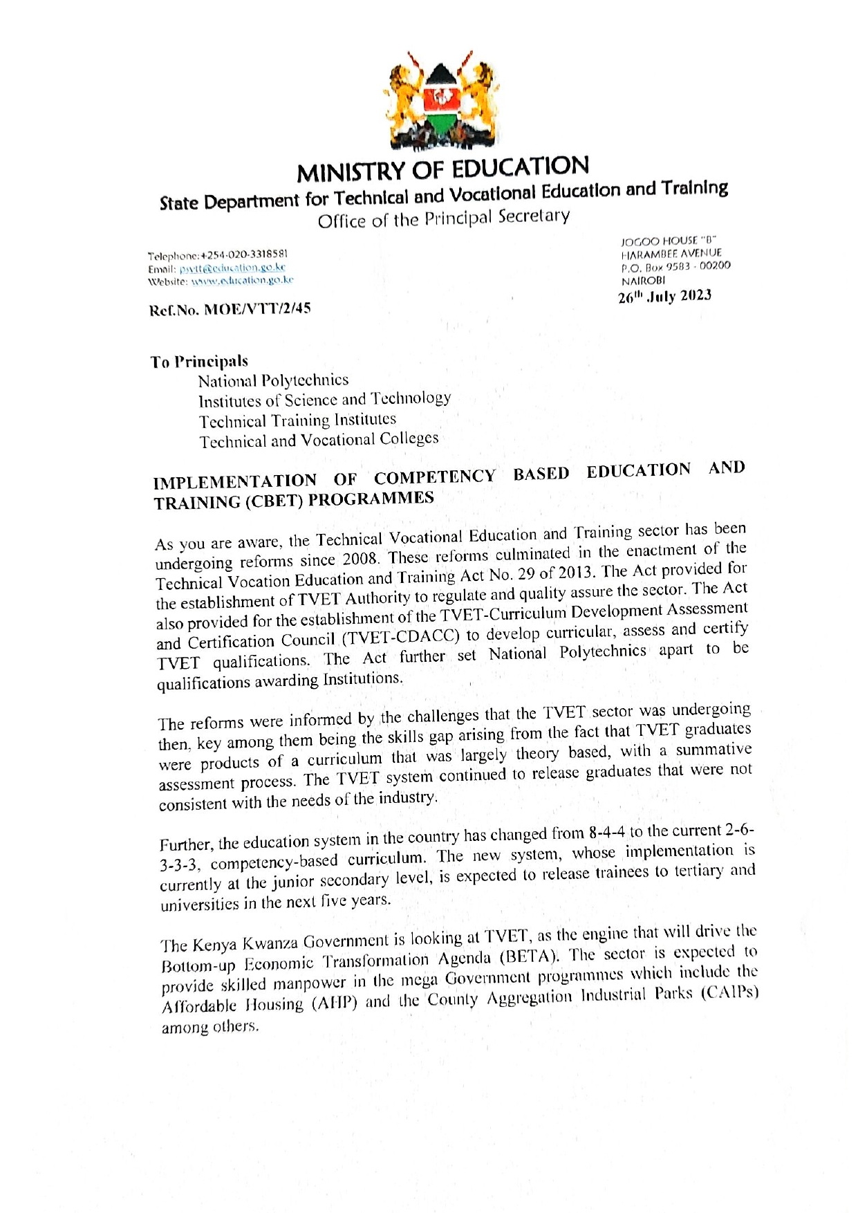 TVET TRANSFORMATION: DR. ESTHER THAARA (PS) HALTS ADMISSION INTO KNEC ...