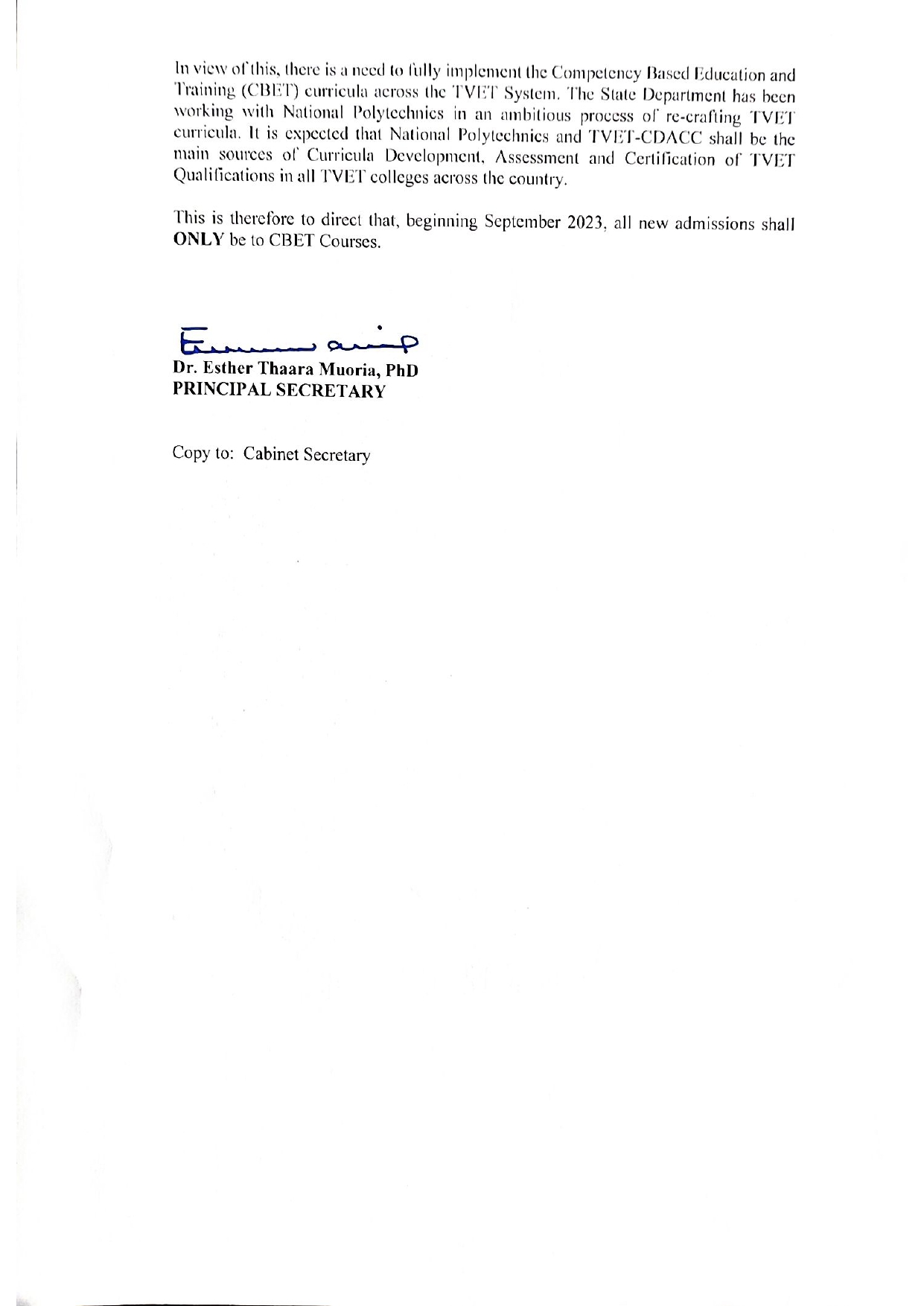 TVET TRANSFORMATION: DR. ESTHER THAARA (PS) HALTS ADMISSION INTO KNEC ...